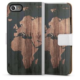 DeinDesign iPhone SE (2020) Handy Klapph&uuml;lle Handyh&uuml;lle aus Kunst Leder wei&szlig; Flip Case World Map Map Wooden Look Sideflip mit Lasche