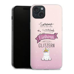 DeinDesign iPhone 15 Plus Handy Slim Case Silikon Handyh&uuml;lle transparent H&uuml;lle extra d&uuml;nn Glitzer Statement Einhorn Silikon Slim Case