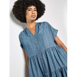 Apricot Damen Jeanskleid "Besticktes Jeans-Mini-Kleid", blau, Gr. 38, uni, gewebt, Obermaterial: 100% Lyocell CLY., Kleider, mit Stufenrock