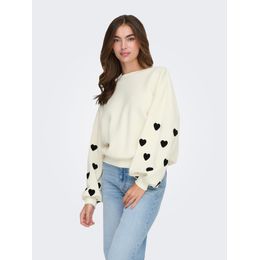 Only Damen Sweatshirt "ONLMACY L/S O-NECK BOX CC SWT"cloud dancer detail:with schwarz hearts, Gr. S, bedruckt, Sweatware, Obermaterial: 60%