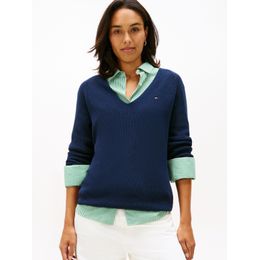 Tommy Hilfiger Damen Strickpullover "CO CARDI STITCH V-NK LS", blau, Gr. XS, unifarben, Strick, Obermaterial: 100% Baumwolle, Pullover, mit
