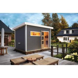 Karibu Saunahaus &raquo;&raquo;Simon 2&laquo; mit moderner T&uuml;r, terragrau&laquo; Set grau Bio-Kombiofen, externe Steuerung, (ohne Ofen)