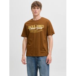 Jack & Jones JACK & JONES Herren Rundhalsshirt "JJELOGO TEE SS O-NECK 2 COL AW25 SN", braun, Gr. S, bedruckt, Jersey, Obermaterial: 100% Baumwolle, Shirts