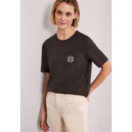 Street One Damen T-Shirt, schwarz, Gr. 42, unifarben mit Farbeinsatz, Stoff, 48% Viskose, 48% Polyester, 4% Elasthan, Shirts, Rundhalsausschnitt