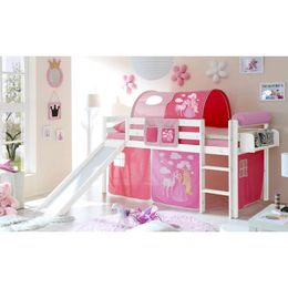 Ticaa Hochbett &raquo;Manuel&laquo; mit Rollrost in verschied. Ausf&uuml;hrungen wahlweise mit Matratze, wei&szlig; rosa Mit Vorhang, Tunnel und Tasche, Liegefl&auml;che B/L: 90cm x 