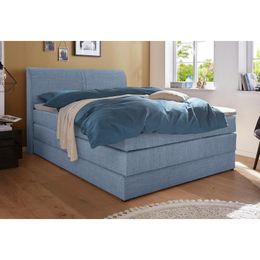 Hapo Boxspringbett mit Bettkasten blau Kopfteil, seitliche Unterbox und Obermatratze sind mit pflegeleichtem Feinstrukturstoff in Leinenoptik (100% 