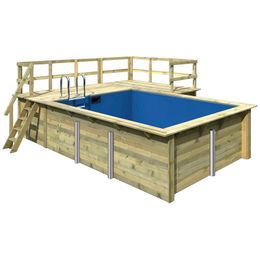Karibu Rechteckpool &raquo;Holzpool Roma B&laquo; BxLxH: 353x400x124 cm, kesseldruckimpr&auml;gniert mit 2 Sonnenterassen &Oslash;/B/H/L: 564cm x Breite 353cm x H&ouml;he 124cm x L&auml;nge 