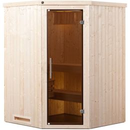 Weka Sauna &raquo;Element-Ecksauna KIRUNA 1&laquo; vorgefertigte Elemente, moderne Ganzglast&uuml;r, Eckeinstig beige Saunaofen, integrierte Steuerung, 3,6 kW