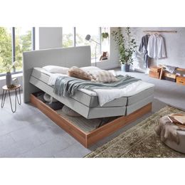 Home Affaire Boxspringbett &raquo;Blomen&laquo; mit Walnuss-Dekor, mit Bettkasten, verschiedene H&auml;rtegrade, mit Topper grau Struktur fein, Liegefl&auml;che B/L: 180cm 