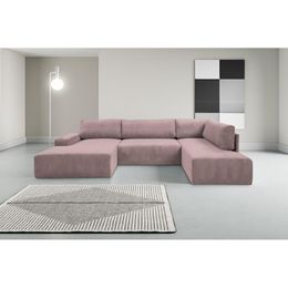 WERK2 Wohnlandschaft &raquo;Rotterdam, U-Form, in kuschelweichem Cord oder Breitcord. Breite 329cm&laquo; Design Sofa mit Schlaffunktion & Bettkasten, Cord, Rose 
