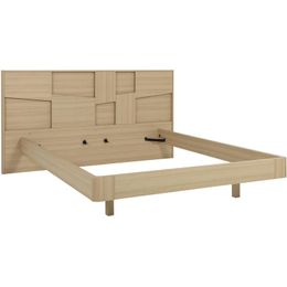 Einzelbett Ein elegantes Bett mit integrierter Beleuchtung Liegefl&auml;che L&auml;nge B: 200cm x 180cm, Eiche Nachbildung LED-Leuchtmittel, H&ouml;he Bett: 107cm 