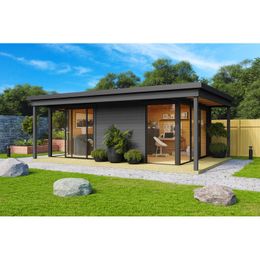 Lasita Maja Gartenhaus &raquo;Domeo 3 Loggia&laquo; mit &Uuml;berdachung, Position der Zwischenwand flexibel grau Massivholz Fu&szlig;boden im Gartenhaus, ohne R&uuml;ck- und 