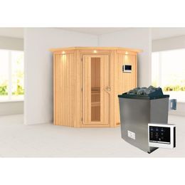 Karibu Sauna &raquo;&raquo;Liyah&laquo; mit Energiespart&uuml;r Kranz naturbelassen&laquo; in verschiedenen Ausf&uuml;hrungen erh&auml;ltlich beige Saunaofen, externe Steuerung, (ohne Ofen)