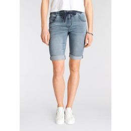 Arizona Damen Jogg-Jeansbermudas hohe Leibh&ouml;he, krempelbare Beinabschl&uuml;sse, Used-Look blau 34, N-Gr