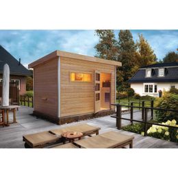 Karibu Saunahaus &raquo;&raquo;Simon 2&laquo; mit moderner T&uuml;r, naturbelassen&laquo; Set, Mit 9 kW Ofen Bio und externe Steuerung easy beige Saunaofen, externe Steuerung, (ohne Ofen