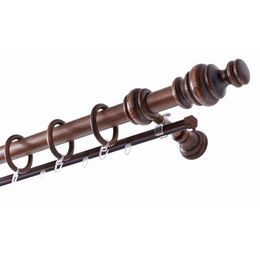 Garesa Gardinenstange &raquo;BAROCK&laquo; &Oslash; 35 mm 2 l&auml;ufig-l&auml;ufig Wunschma&szlig;l&auml;nge rustikale Vorhanggarnitur Holz, verl&auml;ngerbar, mit Ringe/2 Lauf Gleiter braun 