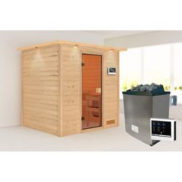 Karibu Sauna &raquo;"Ricky" mit bronzierter T&uuml;r und Kranz, naturbelassen&laquo; aus hochwertiger nordischer Fichte. 9 kW Ofen und integr. Steuerung beige Saunaofen, 