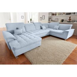 DOMO collection Wohnlandschaft &raquo;FRANZI 344x206x81 cm, elegant, komfortabel&laquo; U-Form, Recamiere links, pastelblau, B/T: 344/206 cm blau Flachgewebe (100