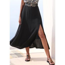 Lascana Damen Lascana Midirock &raquo;mit hohem Beinschlitz aus Webware&laquo; luftiger Sommerrock, eleganter Rock in Midil&auml;nge, leichter Webrock blau 46