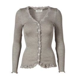rosemunde Damen rosemunde Strickjacke &raquo;Babette Silk Cardigan mit Seide&laquo; Vintage-Spitzenbesatz, Perlmuttknopfleiste, Langarm, Seidenmix grau S