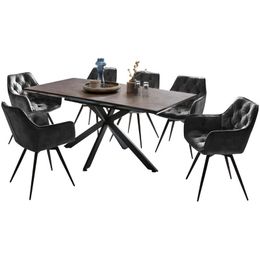Hela Essgruppe &raquo;HAVEL&laquo; 7 Stk. tlg. Tisch 140-180x90 cm, Synchronauszug, Stuhl 360&deg; drehbar, Armlehnen schwarz Samtvelours, Synchron-Auszug