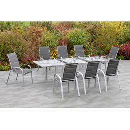 Merxx Garten-Essgruppe &raquo;Amalfi di lusso&laquo; 9 Stk. tlg. 8 Stapelsessel, Hochlehner mit ausziehbarem Tisch grau Aluminium, Polyester B/H/T: 56,5cm x 104cm