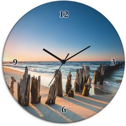 Artland Wanduhr &raquo;Glasuhr rund Sonnenuntergang Strand Wellenbrecher&laquo; wahlweise mit Quarz- oder Funkuhrwerk, lautlos ohne Tickger&auml;usche braun B/H/T: 30cm x 30cm