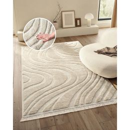 homsy by Ana Johnson Teppich &raquo;Waavy mit Fransen, Wellen Design&laquo; rechteckig 20 mm H&ouml;he Boho, 3D Optik, Scandi, Hoch-Tief, Wohnzimmer, Schlafzimmer 