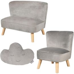 Roba Kindersitzgruppe &raquo;Lil Sofa&laquo; Set, 3 Stk. tlg. bestehend aus Kindersofa, Kindersessel und Dekokissen in Wolkenform grau Samt