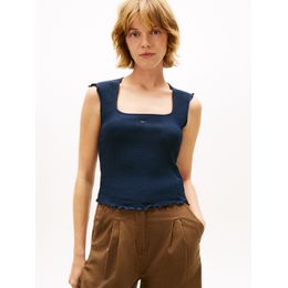 Tommy Jeans Damen Kurzarmshirt "TJW SLIM SH SQUARE NCK SMOCK TOP", blau, Gr. S, unifarben, Single Jersey, Obermaterial: 96% Polyester, 4% Elasthan,