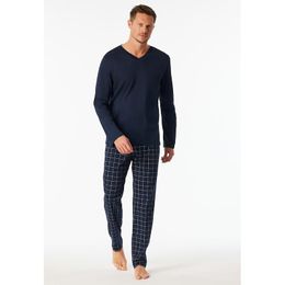 Schiesser Herren Pyjama &raquo;Fine Interlock&laquo; 2 tlg. Oberteil in Uni, karierte Hose, V-Neck, Langarm, Baumwolle blau 102