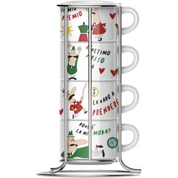 Bialetti Cappuccinotasse (4 Cappuccinotassen mit Metallgestell) bunt Metall, Porzellan 180ml, 5 Stk.