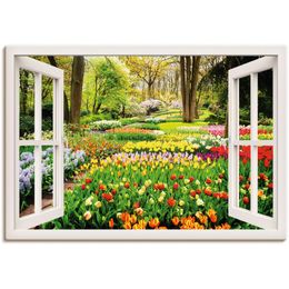 Artland Wandbild &raquo;Fensterblick Tulpen Garten Fr&uuml;hling&laquo; Fensterblick 1 Stk. tlg. als Leinwandbild, Poster in verschied. Gr&ouml;&szlig;en bunt B/H/T: 100cm x 70cm, 