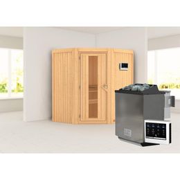 Karibu Sauna &raquo;&raquo;Liyah&laquo; mit Energiespart&uuml;r naturbelassen&laquo; in verschiedenen Ausf&uuml;hrungen erh&auml;ltlich beige Bio-Kombiofen, externe Steuerung, (ohne Ofen)