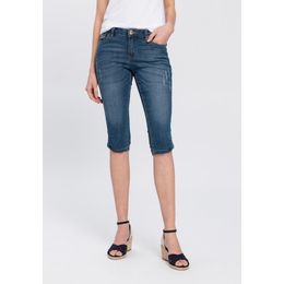 Arizona Damen Caprijeans schmale Passform, mit Destroyed-Effekten, niedrige Leibh&ouml;he blau 44, N-Gr