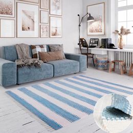 OTTO home Teppich &raquo;Benja&laquo; rechteckig 10 mm H&ouml;he Handweb Teppich, gestreift, 90% Baumwolle, handgewebt, mit Fransen blau Baumwolle, Polyester B : 160cm
