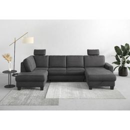 Home Affaire Wohnlandschaft &raquo;Summer U-Form&laquo; mit oder ohne Schlaffunktion und Bettkasten, wengefarbene Holzf&uuml;&szlig;e grau 100% Polyester B/H/T: 314cm x 91cm