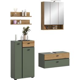 Welltime Badm&ouml;bel-Set &raquo;VANN, 5-teilige moderne Badkombination, inkl. Beleuchtung&laquo; Midischrank, 2er Set Wandregal, Waschbeckenunterschrank,