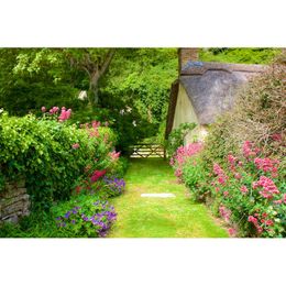 papermoon Fototapete &raquo;GARTEN-BLUMEN B&Auml;UME PFLANZEN STEINE WALD PERGOLA BL&Uuml;TEN&laquo; bunt Vlies B/L: 4,5m x 2,8m, Bahnen: 9 Stk.