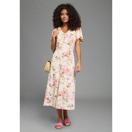 Laura Scott Damen Sommerkleid mit gebl&uuml;mtem Design, aus Viskose und Elasthan, Midi-L&auml;nge beige 44, N-Gr