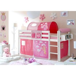 Ticaa Hochbett &raquo;Malte&laquo; mit Rollrost und in verschiedenen Ausf&uuml;hrungen wahlweise mit Matratze rosa Mit Vorhang, Liegefl&auml;che B/L: 90cm x 200cm, kein H&auml;rtegrad