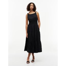 Tommy Hilfiger Damen Tr&auml;gerkleid &raquo;SMOCK TIE NS MIDI DRESS&laquo; Ohne Tasche Baumwollmischung, Smok-Einsatz schwarz M (40), N-Gr