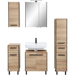 Badm&ouml;bel-Set &raquo;Quickset 395 5-teilig, Waschbeckenunterschrank mit LED-Spiegelschrank&laquo; 5 Stk. tlg. braun Riviera Eiche quer Nachbildungmit schwarzem L-