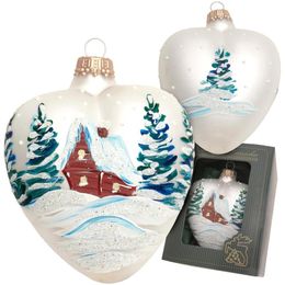 Christbaumschmuck &raquo;Herz mit verschneitem Haus&laquo; Christbaumschmuck aus Glas, mundgeblasen, handgefertigt, herzf&ouml;rmig silber Glas Einheitsgr&ouml;&szlig;e