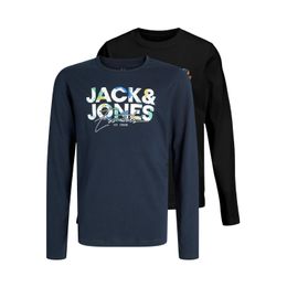 Jack & Jones Kinder Langarmshirt "JJGEPLAS TEE LS CREW NECK 2PK MP JNR", schwarz, Gr. 176, JACK & JONES JUNIOR, bedruckt, Single Jersey, Obermaterial: 100%
