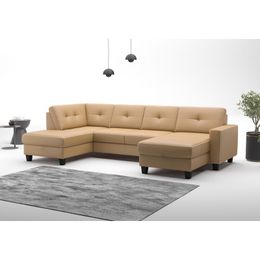 OTTO home Wohnlandschaft &raquo;Varese&laquo; wahlweise mit Schlaffunktion und Bettkasten beige B/H/T: 304cm x 91cm x 170cm, NaturLEDER , Ottomane links, ohne 