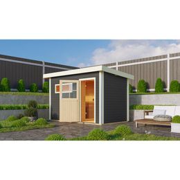 Karibu Saunahaus &raquo;&raquo;Simon 1&laquo; mit klassischer T&uuml;r, terragrau&laquo; Set, 9 kW Bio Ofen mit externer Steuerung easy grau ohne Ofen, ohne Steuerung, (ohne Ofen)