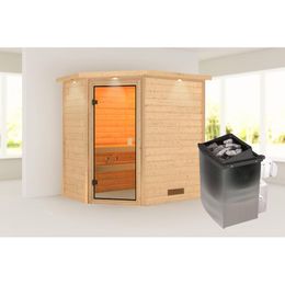 Karibu Sauna &raquo;"Juli" mit bronzierter T&uuml;r und Kranz SET, naturbelassen mit Ofen 9 kW&laquo; aus hochwertiger nordischer Fichte beige Saunaofen, integrierte 