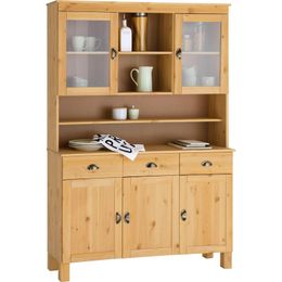Home Affaire K&uuml;chenbuffet &raquo;Oslo&laquo; 125 cm breit, aus massiver Kiefer, mit 2 Glast&uuml;ren, Metallgriffe beige Massivholz Beize/Wachs, B/H/T: 125cm x 185cm x