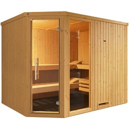 Weka Sauna &raquo;Element-Ecksauna VARBERG 4&laquo; vorgefertigte Elemente, Fensterelement, moderne Ganzglast&uuml;r beige Saunaofen, externe Steuerung, 7,5 kW